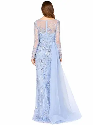 LARA NEW YORK Asymmetrical Overlay Gown With Sleeves
