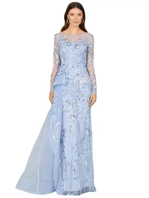 LARA NEW YORK Asymmetrical Overlay Gown With Sleeves