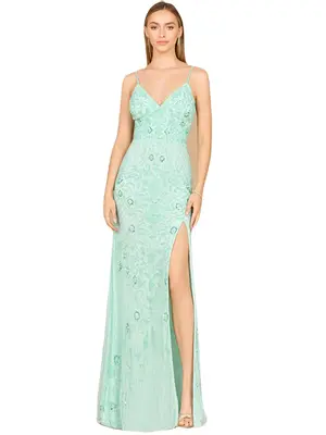 LARA NEW YORK V-neck Beaded Gown - Mint