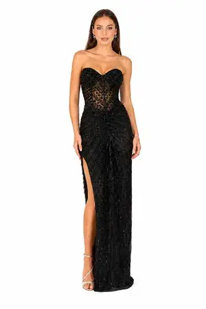 LARA NEW YORK Embellished Strapless Gown With Slit - Black