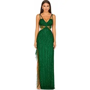 LARA NEW YORK Cutout Beaded Gown With Fringes - Emerald