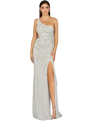 LARA NEW YORK One-shoulder Beaded Gown With Slit - Silver