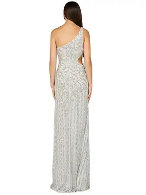 LARA NEW YORK One-shoulder Beaded Gown With Slit - Silver