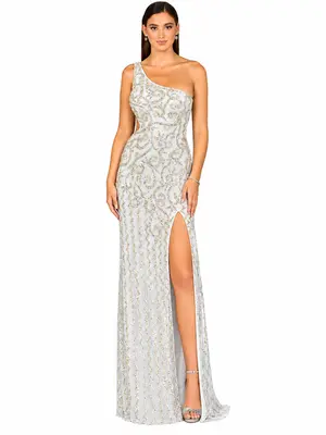 LARA NEW YORK LARA New York One-Shoulder Beaded Gown With Slit Silver