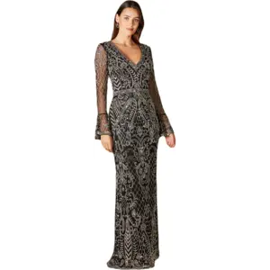 LARA NEW YORK Long Bell Sleeve V-neck Beaded Gown - Black/silver