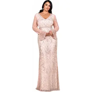 LARA NEW YORK Long Bell Sleeve V-neck Beaded Gown - Blush