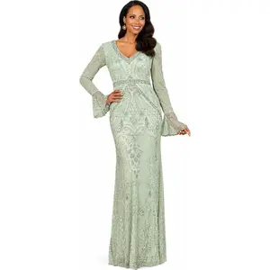 LARA NEW YORK Long Bell Sleeve V-neck Beaded Gown - Mint