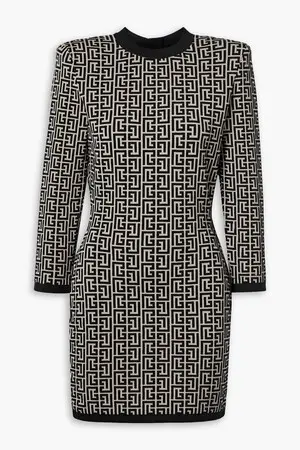 Balmain Monogram Jacquard Wool-blend Mini Dress - Beige