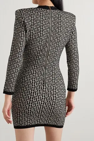 Balmain Monogram Jacquard Wool-blend Mini Dress - Beige