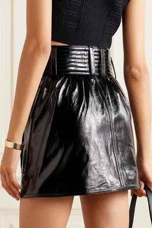 Balmain Crinkled Patent-leather Mini Skirt With Belt