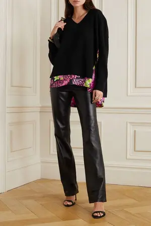 Versace Ribbed Wool Sweater With Printed Silk Trim