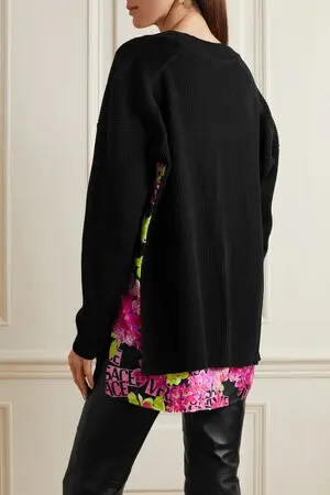 Versace Ribbed Wool Sweater With Printed Silk Trim