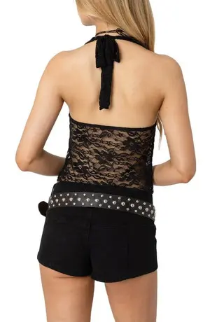EDIKTED Tia Sheer Lace Crop Halter Top - Black