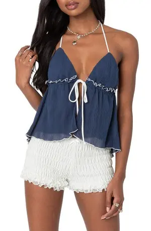 EDIKTED Pleated Split Front Halter Top - Navy