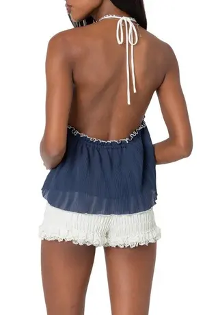 EDIKTED Pleated Split Front Halter Top - Navy