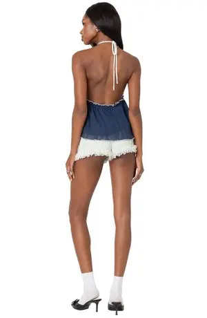 EDIKTED Pleated Split Front Halter Top - Navy