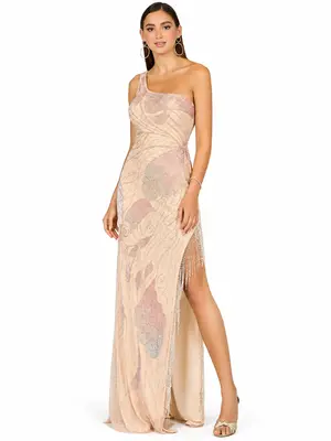 LARA NEW YORK One-shoulder Beaded Gown With Slit - Nude/multi