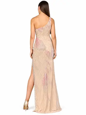 LARA NEW YORK One-shoulder Beaded Gown With Slit - Nude/multi