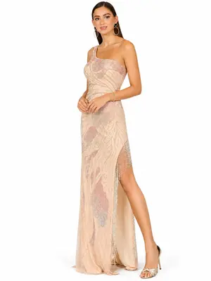 LARA NEW YORK One-shoulder Beaded Gown With Slit - Nude/multi