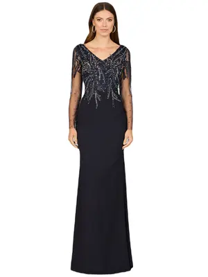 LARA NEW YORK Embellished Long Sleeve Gown - Navy