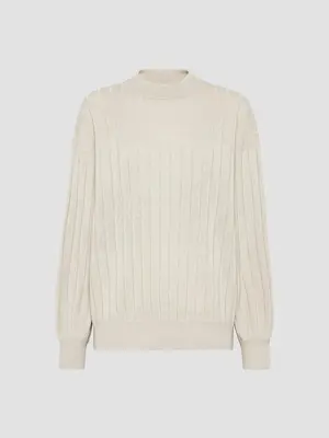 Brunello Cucinelli Cashmere Flat Rib Sweater With Monili - Beige