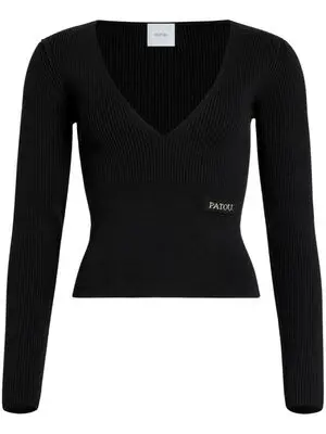 PATOU V-neck Ribbed Knit Sweater - Black