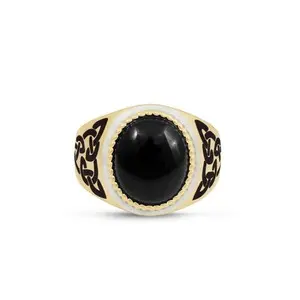 LUVMYJEWELRY Black Onyx Signet Ring In Sterling Silver With Enamel - 14kt Gold Vermeil On Sterling