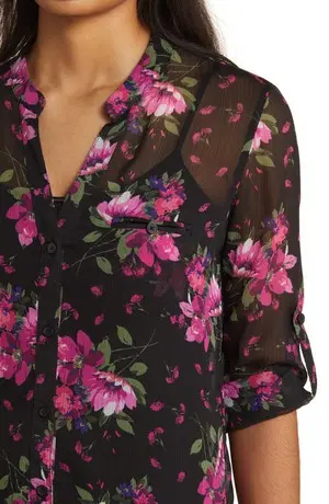 Kut From The Kloth Jasmine Chiffon Button-up Shirt - Chelles Bouquet Black Purple