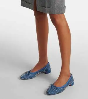 CHRISTIAN LOUBOUTIN Sweetie Jane Spikes Denim Ballet Flats - Blue