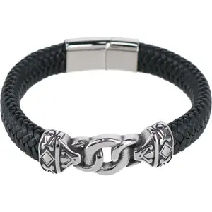 Trafalgar Leather Bracelet With Silver Interlock Pattern - Black