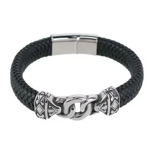 Trafalgar Silver Interlock Pattern On Leather Bracelet - Black