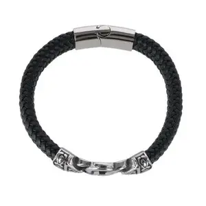Trafalgar Silver Interlock Pattern On Leather Bracelet