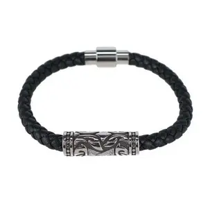 Trafalgar Silver Filigree Leather Bracelet - Black