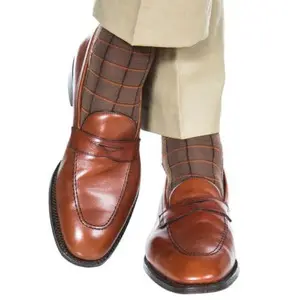 Trafalgar Oscar Windowpane Merino Wool Mid-calf Socks - Brown And Orange