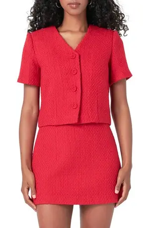 Endless Rose Button-front Tweed Crop Top - Red