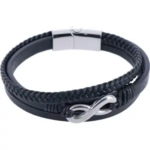 Trafalgar Infinity Triple Band Leather Bracelet - Black And Silver