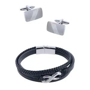 Trafalgar Rhodium Cufflinks And Leather Bracelet Set - Silver
