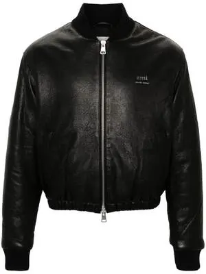 Ami Logo-plaque Leather Jacket - Black