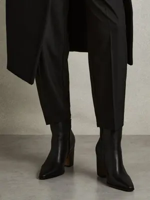 REISS Amy Leather Block Heel Ankle Boots - Black