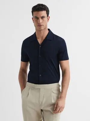 REISS Caspa Mercerised 100% Cotton Jersey Cuban Collar Shirt - Navy