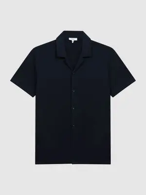 REISS Caspa Mercerised 100% Cotton Jersey Cuban Collar Shirt - Navy