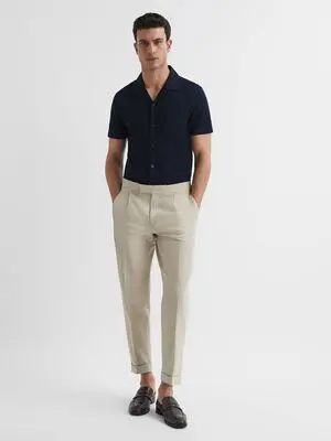 REISS Caspa Mercerised 100% Cotton Jersey Cuban Collar Shirt - Navy