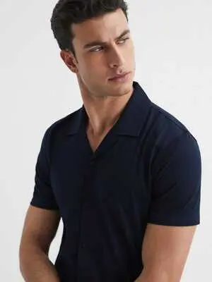 REISS Caspa Mercerised 100% Cotton Jersey Cuban Collar Shirt - Navy