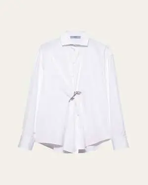Prada Crystal Brooch Poplin Button Down Top - Bianco