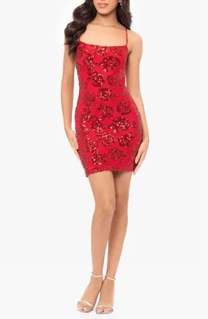 BLONDIE NITES Floral Sequin Mini Dress - Red