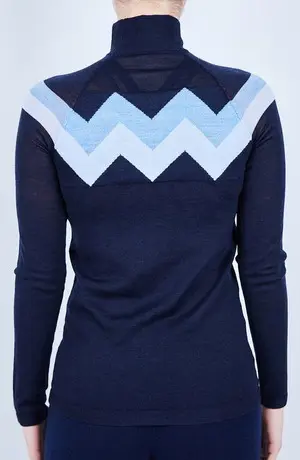 L'ETOILE SPORT Chevron Mock Neck Sweater - Navy With Light Blue Trim