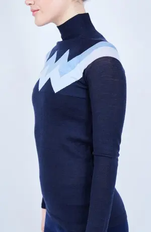 L'ETOILE SPORT Chevron Mock Neck Sweater - Navy With Light Blue Trim