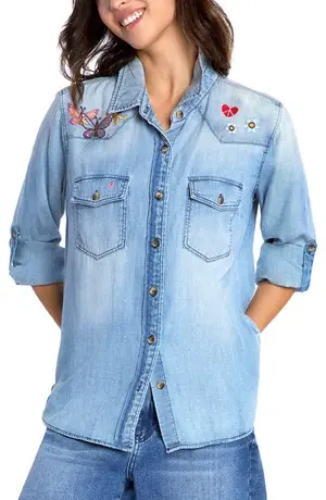 BILLY T Butterfly Kiss Embroidered Button-up Shirt
