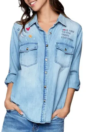 BILLY T Embroidered Graphic Button-up Shirt - Denim