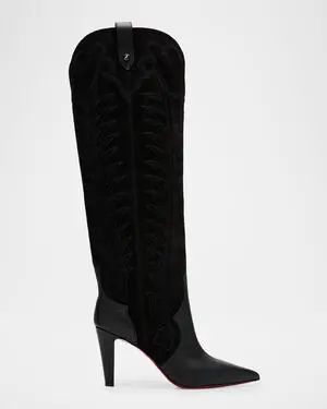 CHRISTIAN LOUBOUTIN 85mm Santia Leather And Suede Knee-High Boots - Black